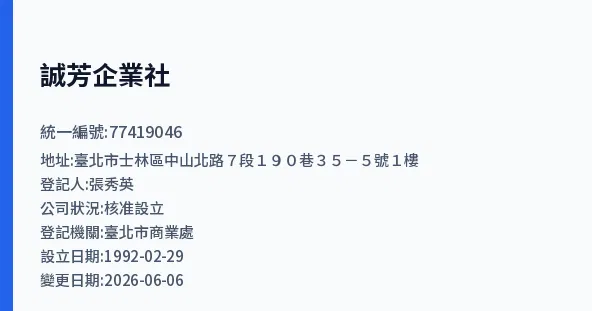 誠芳企業社的照片-統編 77419046(臺北市) 公司登記資料與營業項目詳細圖表