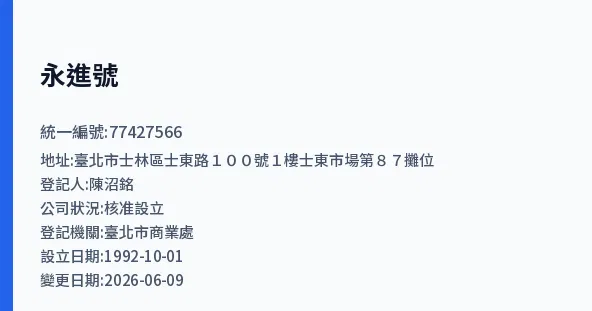 永進號的照片-統編 77427566(臺北市) 公司登記資料與營業項目詳細圖表