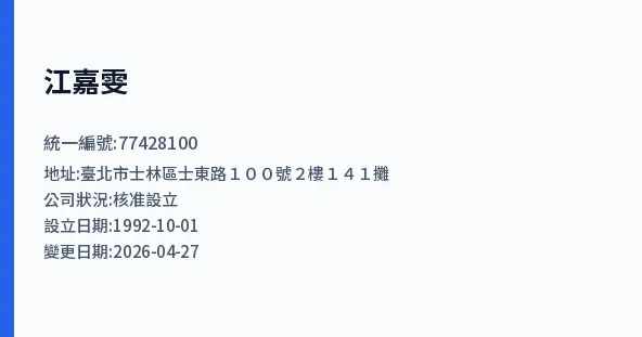 江嘉雯的照片-統編 77428100(臺北市) 公司登記資料與營業項目詳細圖表