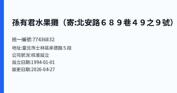 孫有君水果攤(寄:北安路689巷49之9號)的照片-統編 77436832(臺北市) 公司登記資料與營業項目詳細圖表