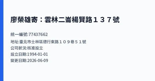廖榮雄寄:雲林二崙楊賢路137號的照片-統編 77437662(臺北市) 公司登記資料與營業項目詳細圖表