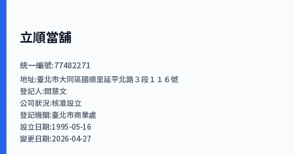 立順當舖的照片-統編 77482271(臺北市) 公司登記資料與營業項目詳細圖表