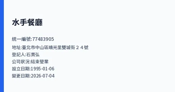 水手餐廳的照片-統編 77483905(臺北市) 公司登記資料與營業項目詳細圖表