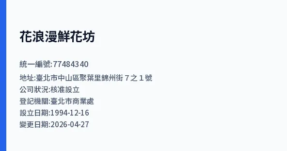 花浪漫鮮花坊的照片-統編 77484340(臺北市) 公司登記資料與營業項目詳細圖表
