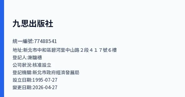 九思出版社的照片-統編 77488541(新北市) 公司登記資料與營業項目詳細圖表