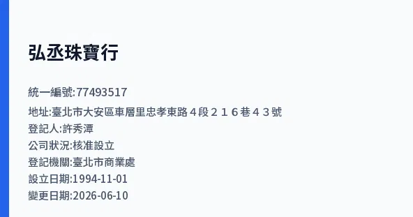 弘丞珠寶行的照片-統編 77493517(臺北市) 公司登記資料與營業項目詳細圖表