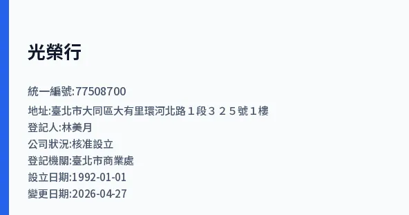 光榮行的照片-統編 77508700(臺北市) 公司登記資料與營業項目詳細圖表