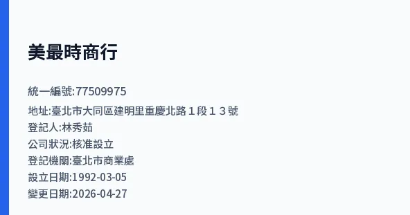 美最時商行的照片-統編 77509975(臺北市) 公司登記資料與營業項目詳細圖表