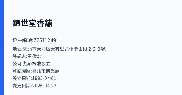 錦世堂香舖的照片-統編 77511249(臺北市) 公司登記資料與營業項目詳細圖表