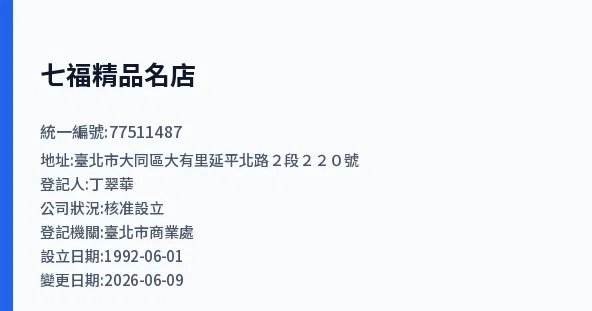 七福精品名店的照片-統編 77511487(臺北市) 公司登記資料與營業項目詳細圖表