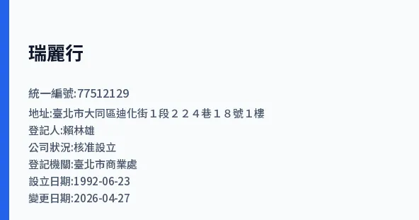 瑞麗行的照片-統編 77512129(臺北市) 公司登記資料與營業項目詳細圖表