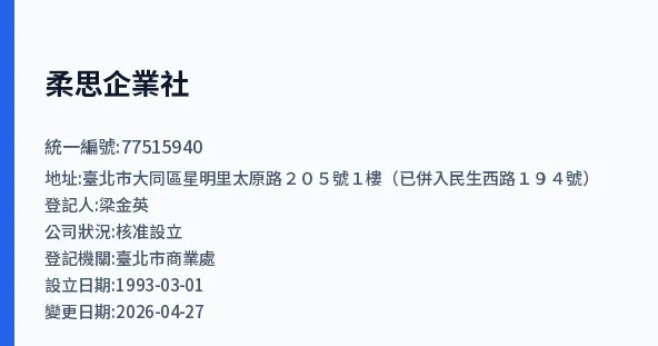 柔思企業社的照片-統編 77515940(臺北市) 公司登記資料與營業項目詳細圖表