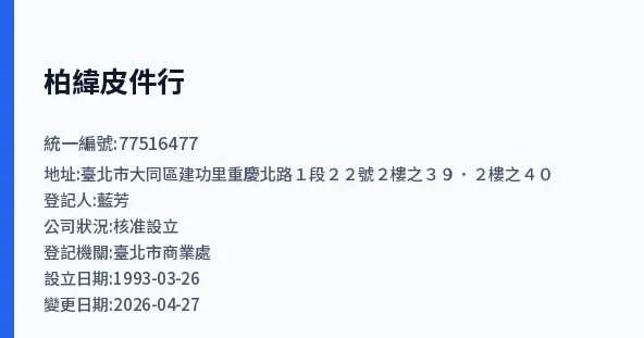 柏緯皮件行的照片-統編 77516477(臺北市) 公司登記資料與營業項目詳細圖表