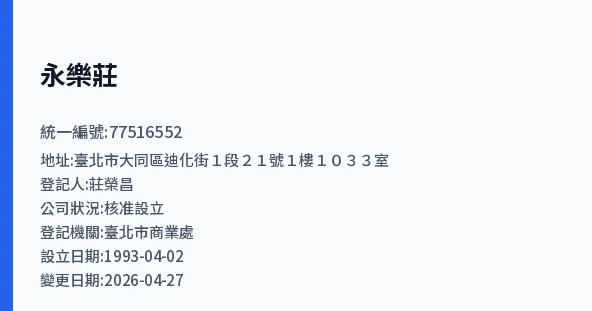 永樂莊的照片-統編 77516552(臺北市) 公司登記資料與營業項目詳細圖表