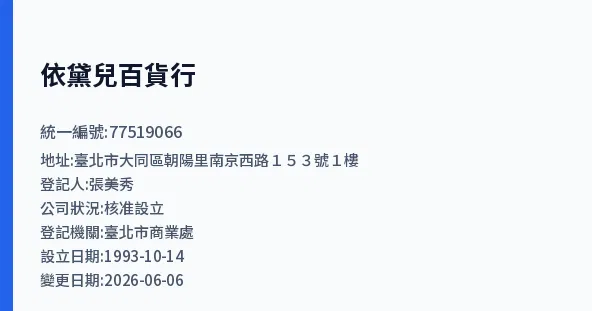 依黛兒百貨行的照片-統編 77519066(臺北市) 公司登記資料與營業項目詳細圖表