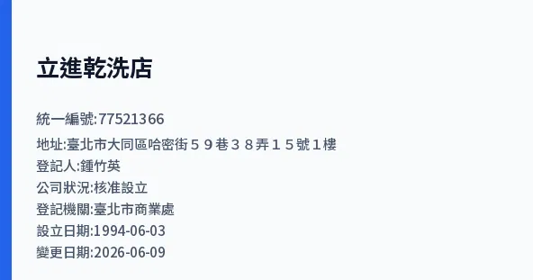 立進乾洗店的照片-統編 77521366(臺北市) 公司登記資料與營業項目詳細圖表