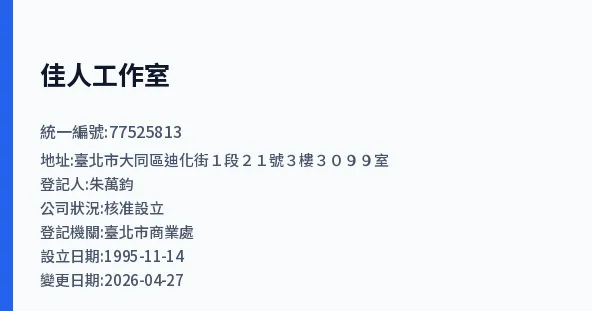 佳人工作室的照片-統編 77525813(臺北市) 公司登記資料與營業項目詳細圖表