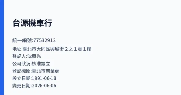 台源機車行的照片-統編 77532912(臺北市) 公司登記資料與營業項目詳細圖表