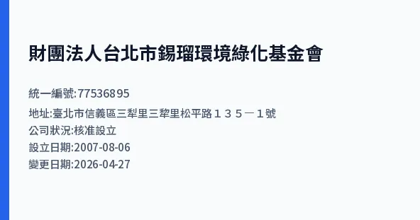 財團法人台北市錫瑠環境綠化基金會的照片-統編 77536895(臺北市) 公司登記資料與營業項目詳細圖表