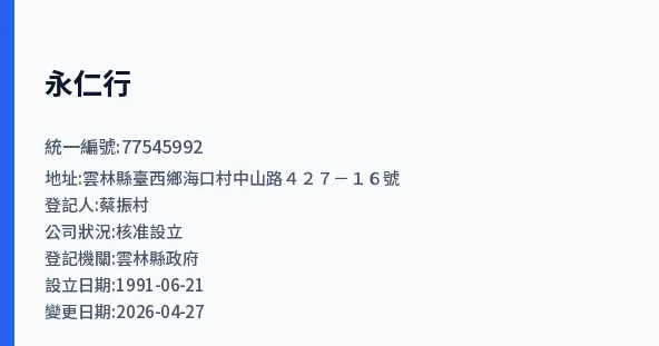 永仁行的照片-統編 77545992(雲林縣) 公司登記資料與營業項目詳細圖表