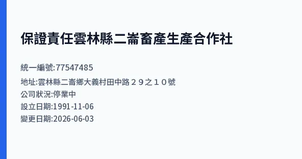 保證責任雲林縣二崙畜產生產合作社的照片-統編 77547485(雲林縣) 公司登記資料與營業項目詳細圖表