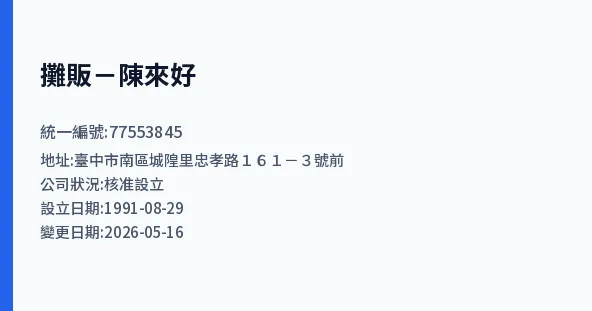 攤販-陳來好的照片-統編 77553845(臺中市) 公司登記資料與營業項目詳細圖表