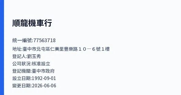 順龍機車行的照片-統編 77563718(臺中市) 公司登記資料與營業項目詳細圖表