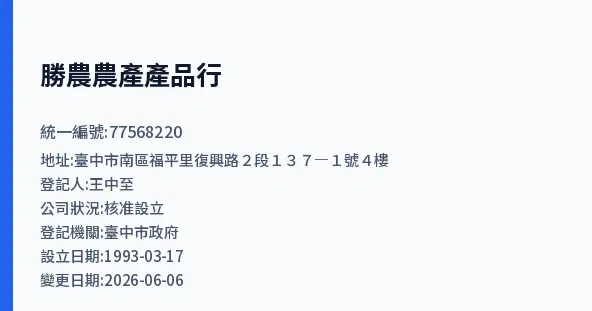 勝農農產產品行的照片-統編 77568220(臺中市) 公司登記資料與營業項目詳細圖表