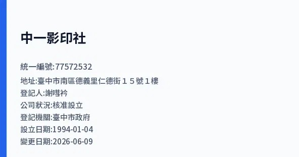 中一影印社的照片-統編 77572532(臺中市) 公司登記資料與營業項目詳細圖表
