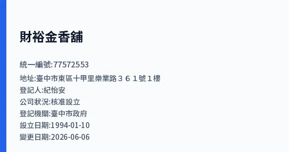 財裕金香舖的照片-統編 77572553(臺中市) 公司登記資料與營業項目詳細圖表