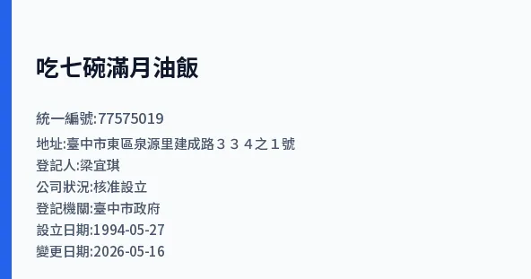 吃七碗滿月油飯的照片-統編 77575019(臺中市) 公司登記資料與營業項目詳細圖表