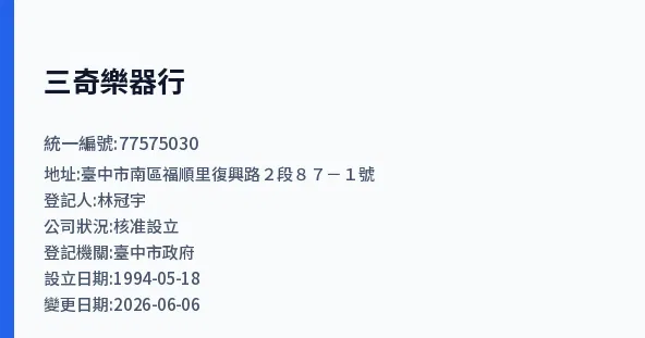 三奇樂器行的照片-統編 77575030(臺中市) 公司登記資料與營業項目詳細圖表