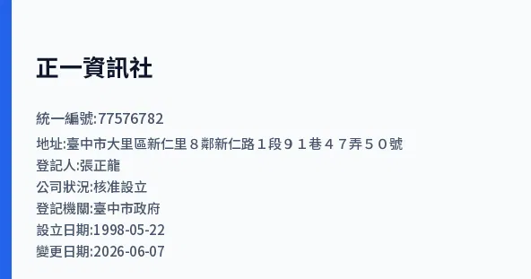 正一資訊社的照片-統編 77576782(臺中市) 公司登記資料與營業項目詳細圖表