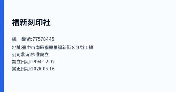 福新刻印社的照片-統編 77578445(臺中市) 公司登記資料與營業項目詳細圖表