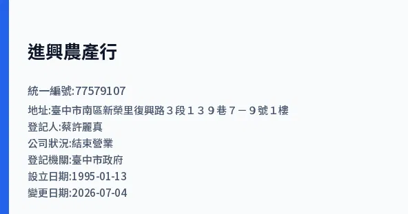 進興農產行的照片-統編 77579107(臺中市) 公司登記資料與營業項目詳細圖表