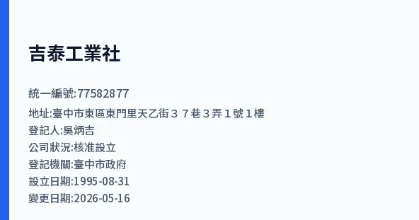吉泰工業社的照片-統編 77582877(臺中市) 公司登記資料與營業項目詳細圖表