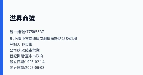 溢昇商號的照片-統編 77585537(臺中市) 公司登記資料與營業項目詳細圖表