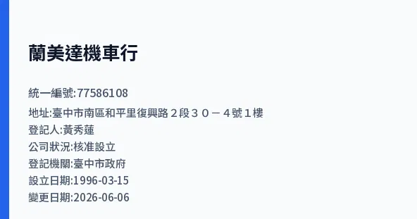 蘭美達機車行的照片-統編 77586108(臺中市) 公司登記資料與營業項目詳細圖表