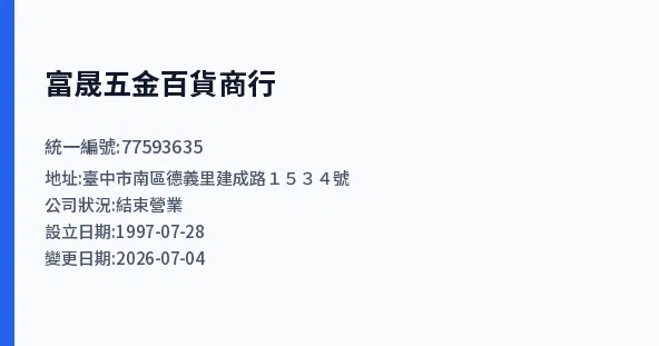 富晟五金百貨商行的照片-統編 77593635(臺中市) 公司登記資料與營業項目詳細圖表