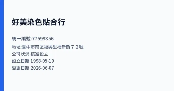 好美染色貼合行的照片-統編 77599856(臺中市) 公司登記資料與營業項目詳細圖表