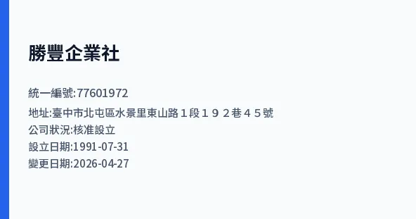 勝豐企業社的照片-統編 77601972(臺中市) 公司登記資料與營業項目詳細圖表