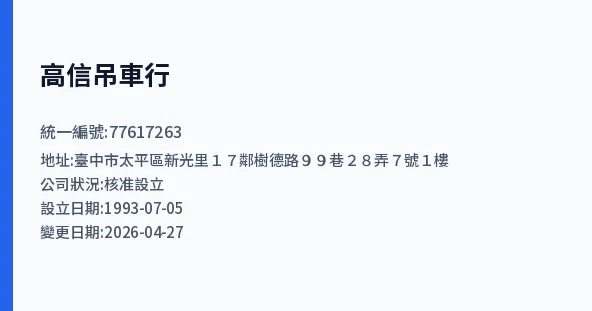 高信吊車行的照片-統編 77617263(臺中市) 公司登記資料與營業項目詳細圖表