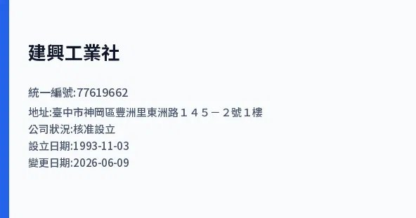 建興工業社的照片-統編 77619662(臺中市) 公司登記資料與營業項目詳細圖表
