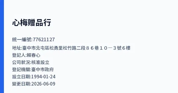 心梅贈品行的照片-統編 77621127(臺中市) 公司登記資料與營業項目詳細圖表