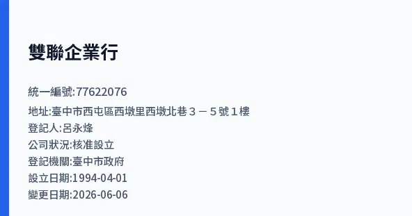 雙聯企業行的照片-統編 77622076(臺中市) 公司登記資料與營業項目詳細圖表