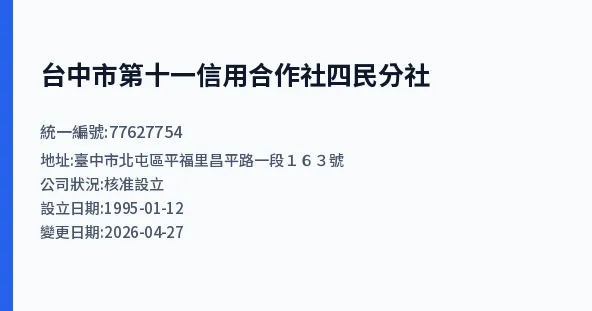台中市第十一信用合作社四民分社的照片-統編 77627754(臺中市) 公司登記資料與營業項目詳細圖表