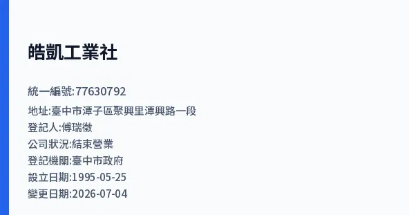 皓凱工業社的照片-統編 77630792(臺中市) 公司登記資料與營業項目詳細圖表