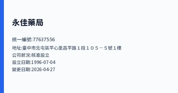 永佳藥局的照片-統編 77637556(臺中市) 公司登記資料與營業項目詳細圖表