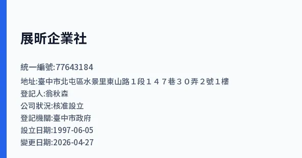 展昕企業社的照片-統編 77643184(臺中市) 公司登記資料與營業項目詳細圖表