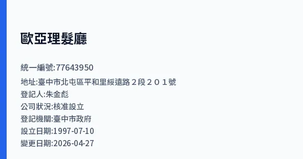 歐亞理髮廳的照片-統編 77643950(臺中市) 公司登記資料與營業項目詳細圖表